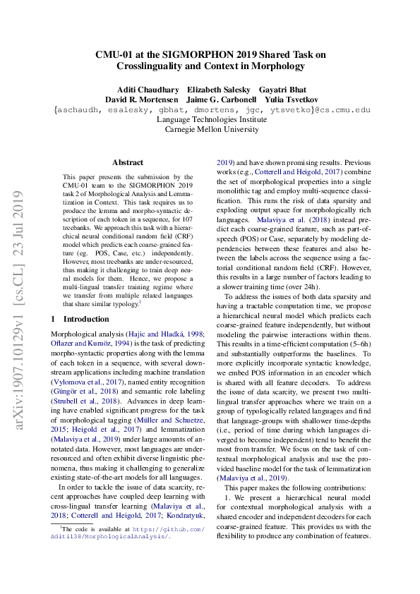 Pdf Cmu 01 At The Sigmorphon 2019 Shared Task On Crosslinguality And