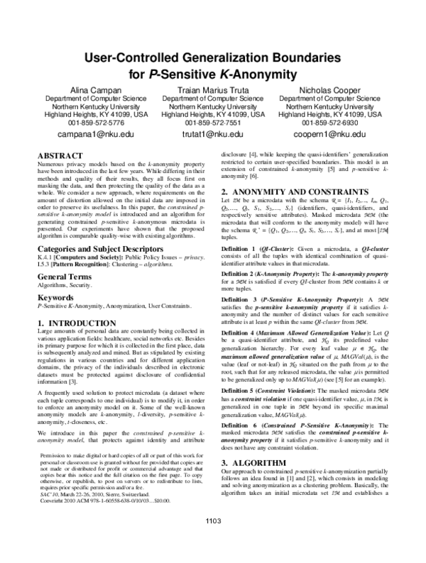 Pdf User Controlled Generalization Boundaries For P Sensitive K
