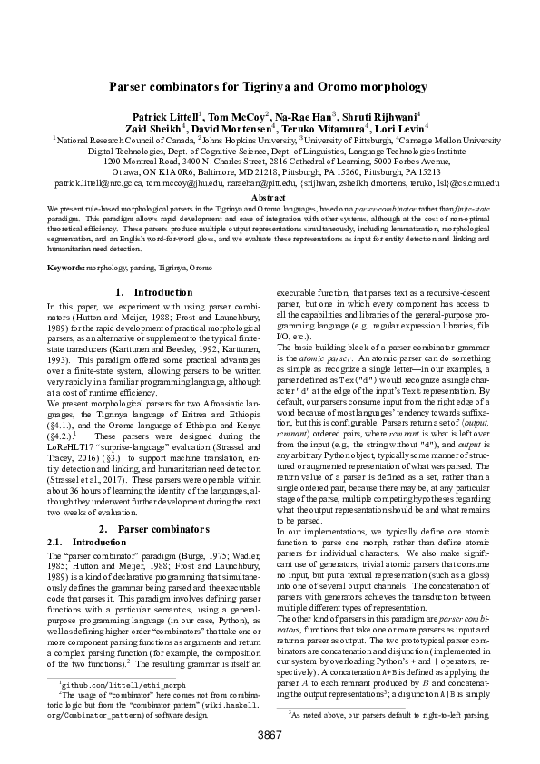 Pdf Parser Combinators For Tigrinya And Oromo Morphology