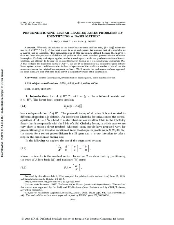 Pdf Preconditioning Linear Least Squares Problems By Identifying A Basis Matrix