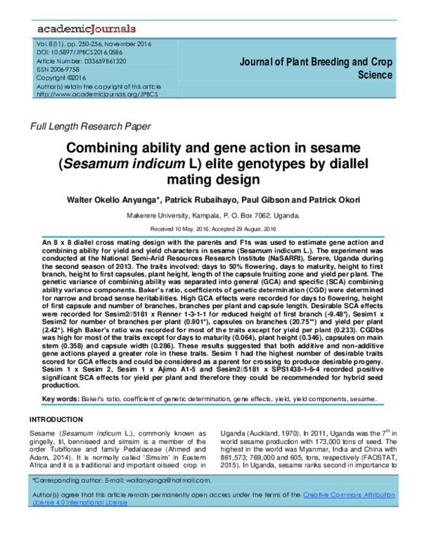 (PDF) Combining ability and gene action in sesame (Sesamum indicum L ...