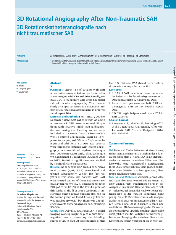 (PDF) 3D Rotational Angiography After Non-Traumatic SAH | Maria ...