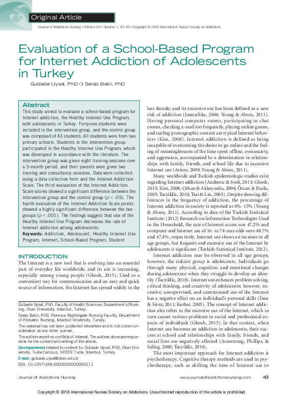 (PDF) Evaluation of a School-Based Program for Internet Addiction of Adolescents in Turkey
