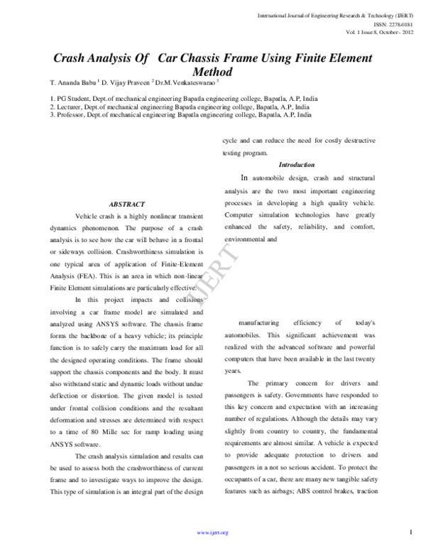 Pdf Crash Analysis Of Car Chassis Frame Using Finite Element Method