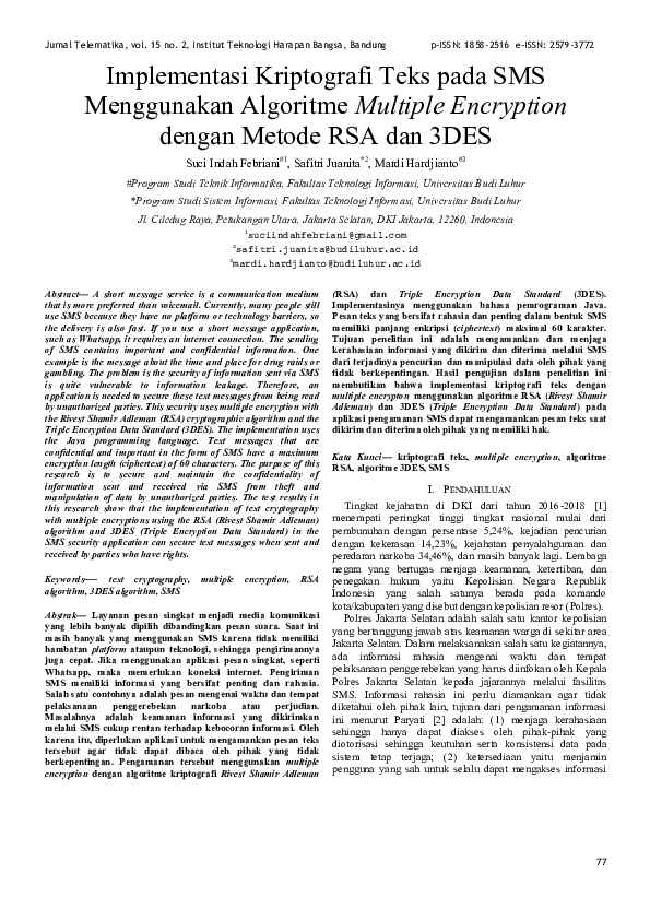 (PDF) Implementasi Kriptografi Teks pada SMS Menggunakan Algoritme Multiple Encryption dengan ...