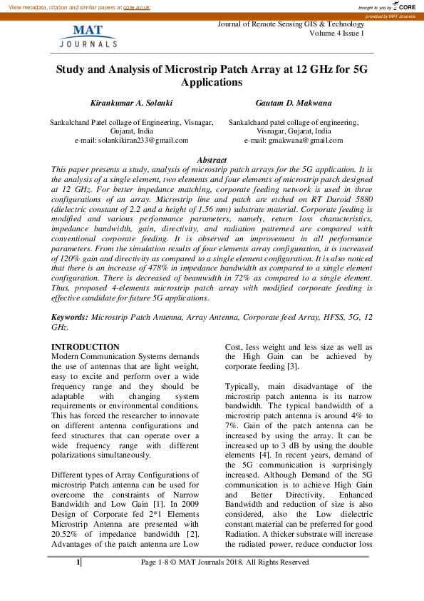 (PDF) Study and Analysis of Microstrip Patch Array at 12 GHz for 5G Applications