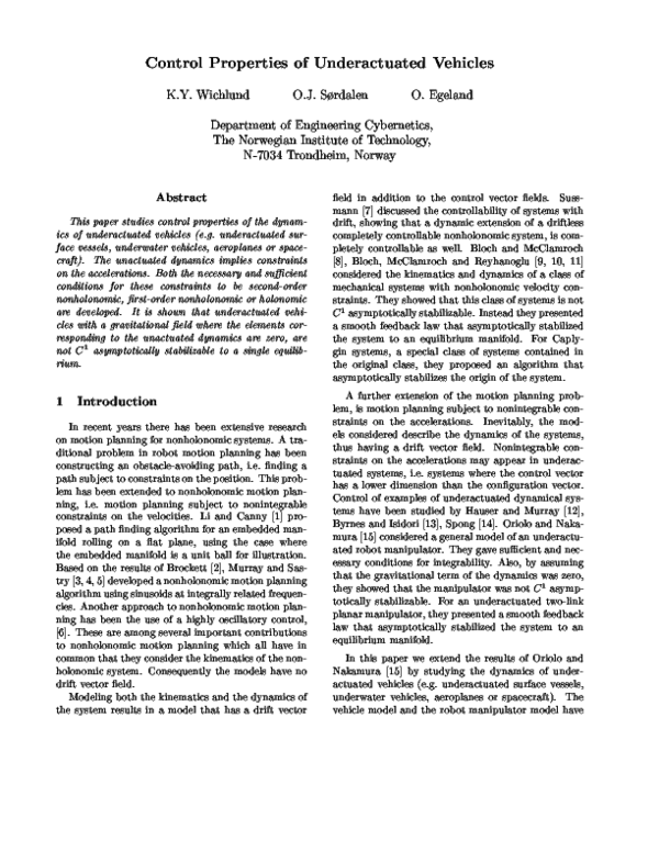 (PDF) Control properties of underactuated vehicles