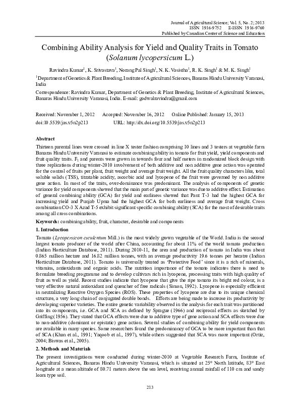 (PDF) Combining Ability Analysis for Yield and Quality Traits in Tomato (Solanum lycopersicum L.)
