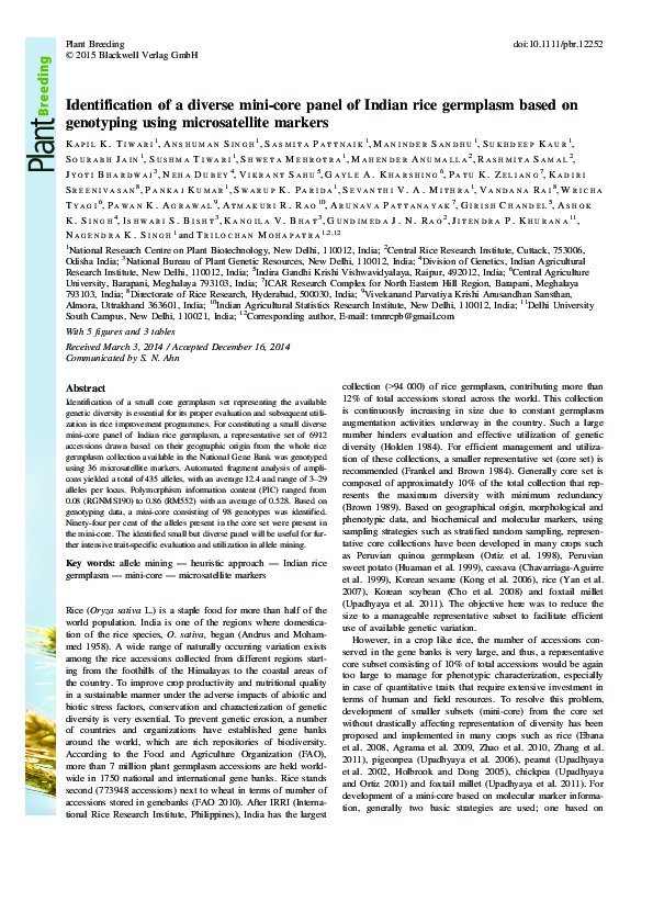 (PDF) Identification of a diverse mini-core panel of Indian rice ...