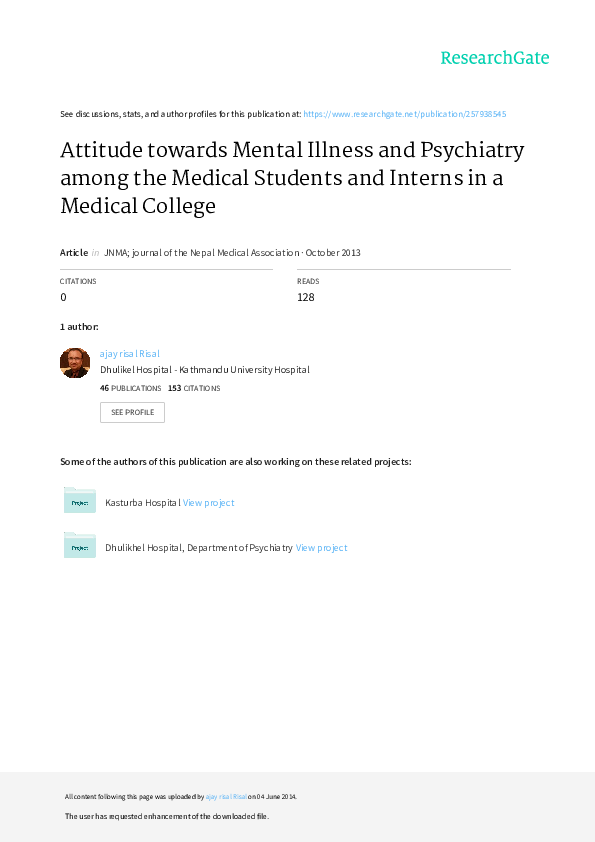 (PDF) Attitude toward mental illness and psychiatry among the medical students and interns in a ...