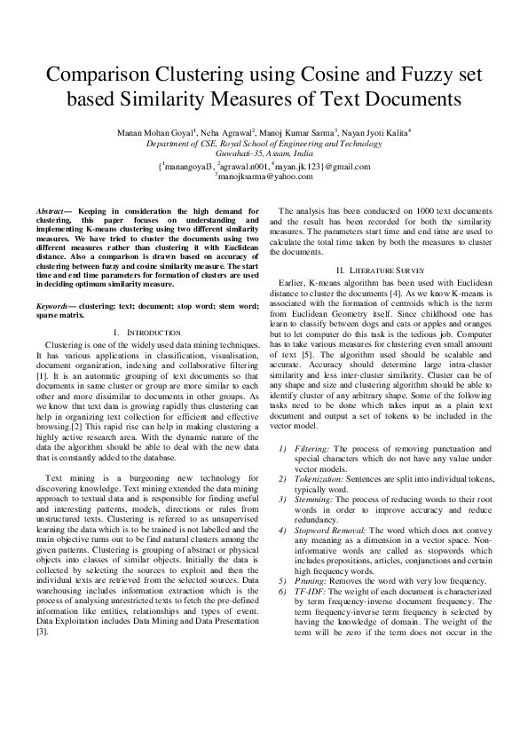Pdf Comparison Clustering Using Cosine And Fuzzy Set Based Similarity
