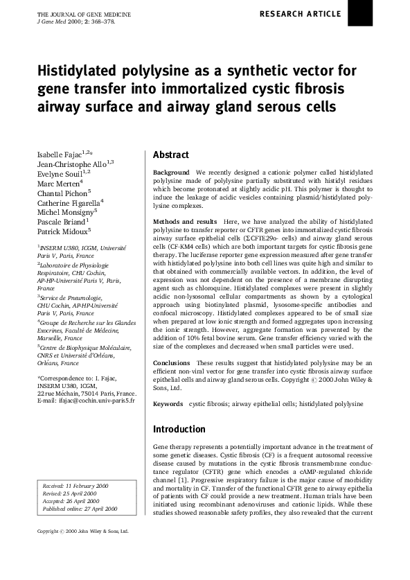 Histidylated polylysine as a synthetic vector for gene transfer into ...