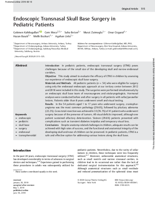 (PDF) Endoscopic Transnasal Skull Base Surgery in Pediatric Patients