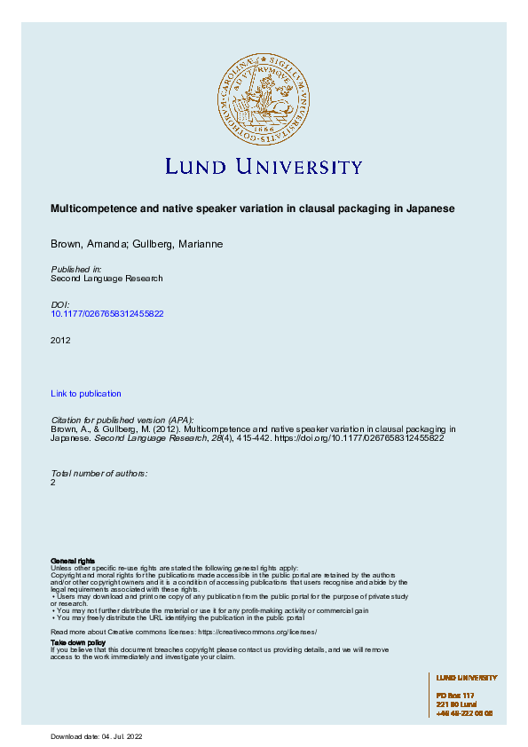 (PDF) Multicompetence and native speaker variation in clausal packaging in Japanese