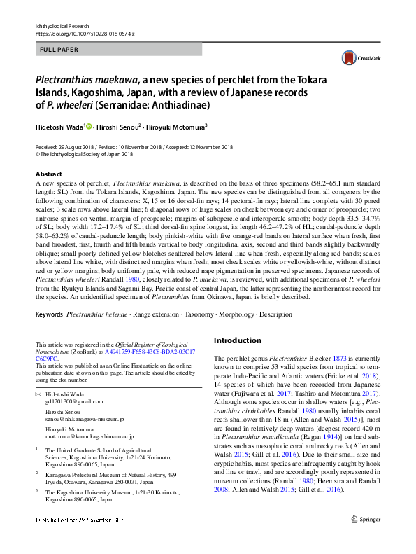 (PDF) Plectranthias maekawa, a new species of perchlet from the Tokara ...