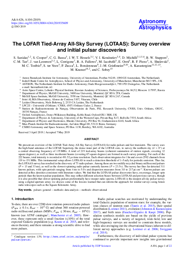 (PDF) The LOFAR Tied-Array All-Sky Survey (LOTAAS): Survey overview and ...