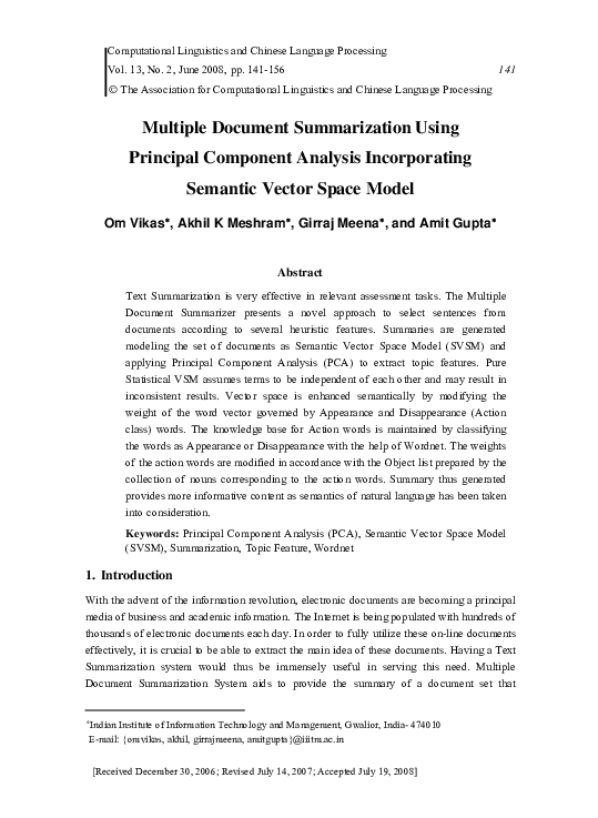Pdf Multiple Document Summarization Using Principal Component