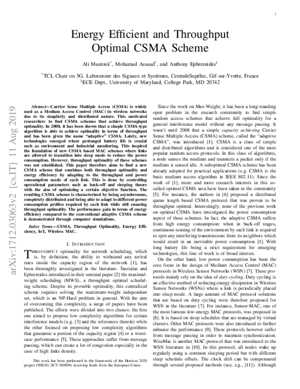 (PDF) Energy Efficient and Throughput Optimal CSMA Scheme | Mohamad Assaad - Academia.edu