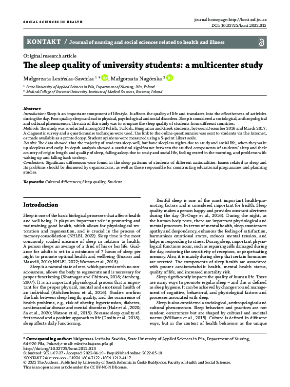 (PDF) The sleep quality of university students: a multicenter study