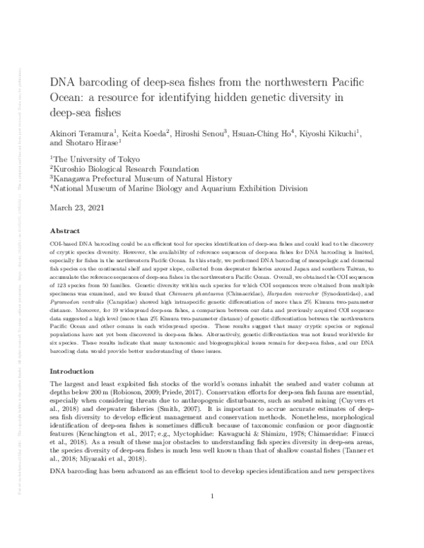 (PDF) DNA barcoding of deep-sea fishes from the northwestern Pacific ...