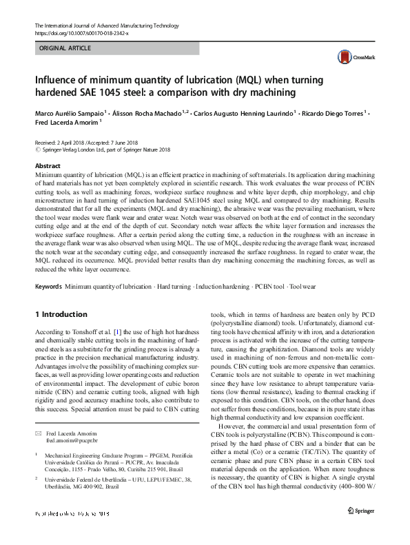 Pdf The Influence Of Minimum Quantity Of Lubrication Mql On Cutting Temperature Chip And