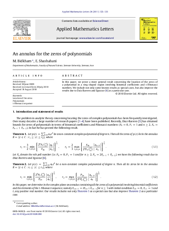 (PDF) An annulus for the zeros of polynomials