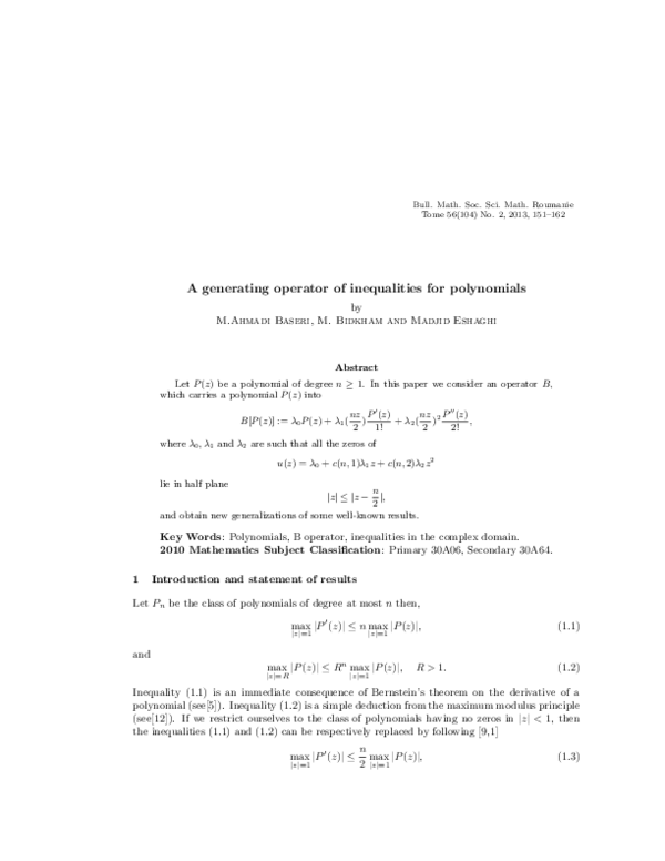 (PDF) A generating operator of inequalities for polynomials