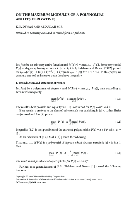 (PDF) On the maximum modulus of a polynomial and its derivatives | Mahmood Bidkham - Academia.edu
