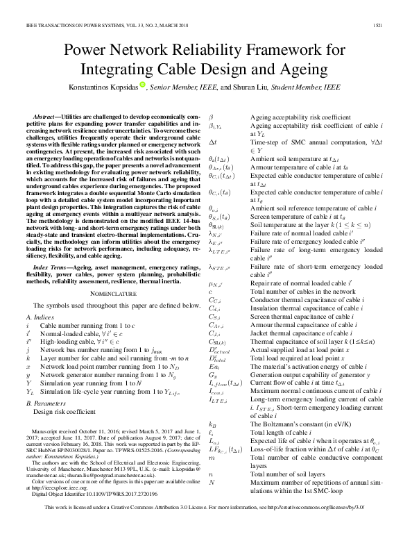 (PDF) Power Network Reliability Framework for Integrating Cable Design and Ageing