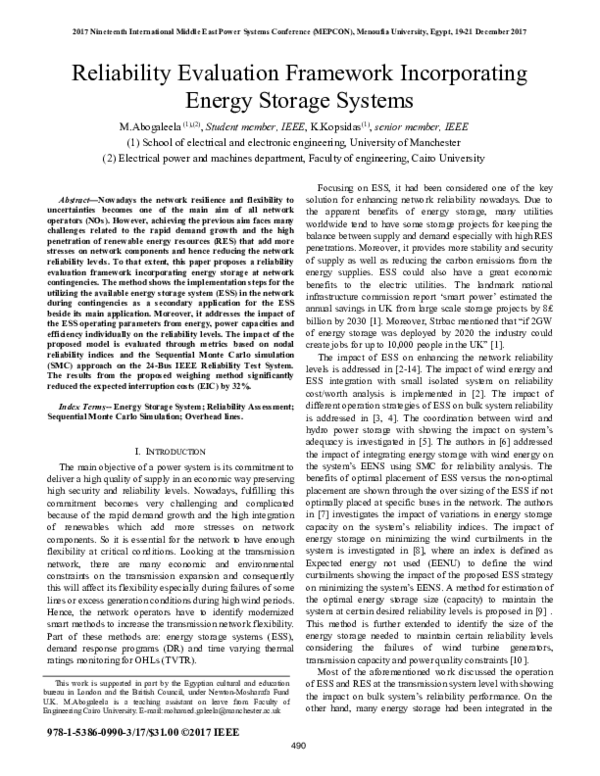 (PDF) Reliability evaluation framework incorporating energy storage systems