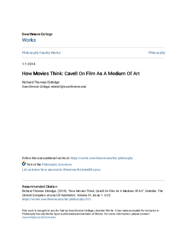 (PDF) How Movies Think: Cavell on Film as a Medium of Art