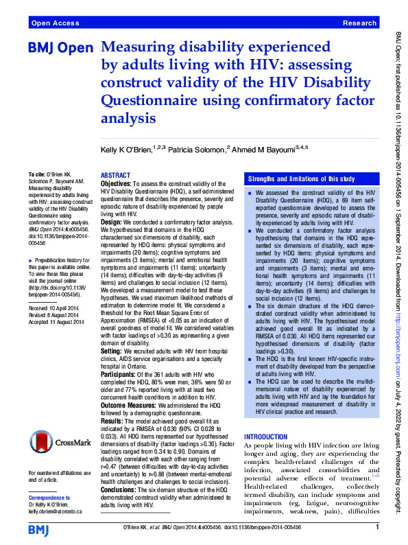 (PDF) Measuring disability experienced by adults living with HIV ...