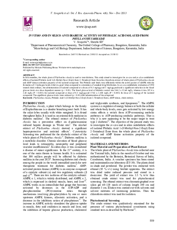 (PDF) Anti-Diabetic Effects of Phthalic Acid from Phyllanthus Rheedii