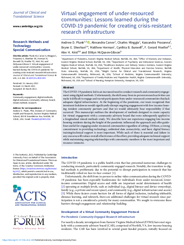 (PDF) Virtual Engagement of Under-resourced Communities: Lessons ...