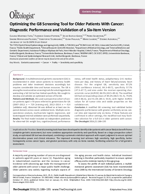 (PDF) Optimizing the G8 Screening Tool for Older Patients With Cancer ...