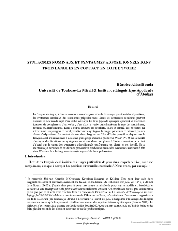 (PDF) Syntagmes Nominaux et Syntagmes Adpositionnels dans trois langues ...