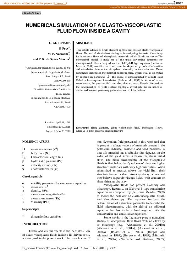 (PDF) Numerical Simulation of a Elasto-Viscoplastic Fluid Flow Inside a Cavity | Mônica Naccache ...