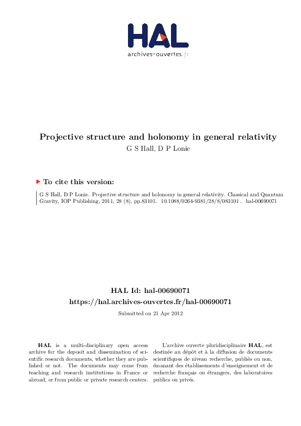 Pdf Projective Structure And Holonomy In General Relativity