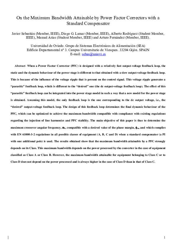 (PDF) On the Maximum Bandwidth Attainable by Power Factor Correctors With a Standard Compensator
