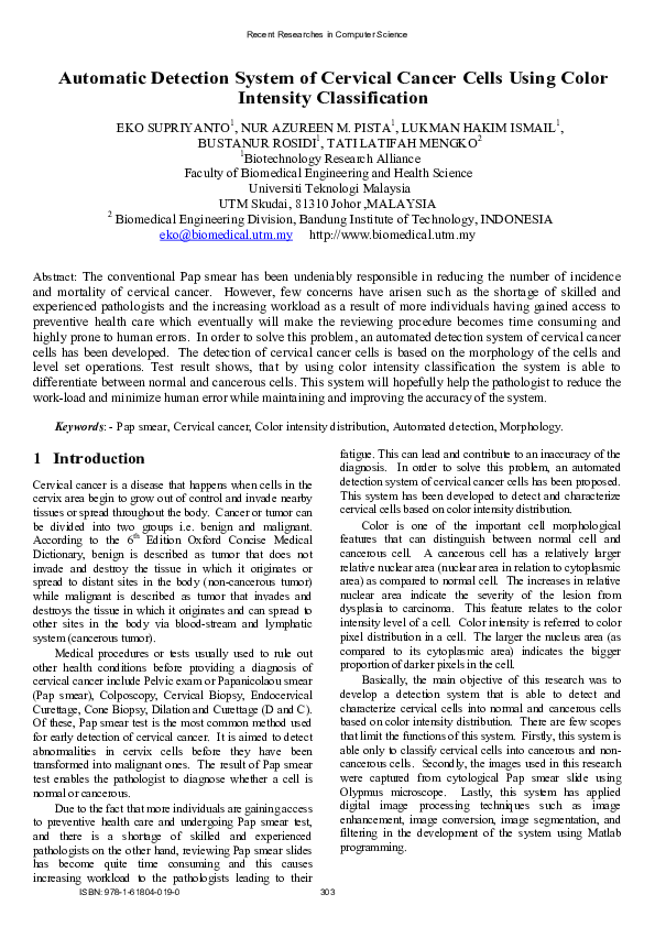 (PDF) Automatic detection system of cervical cancer cells using color intensity classification