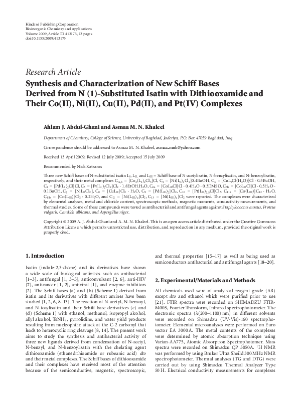 (PDF) Synthesis and Characterization of New Schiff Bases Derived from N (1)-Substituted Isatin ...