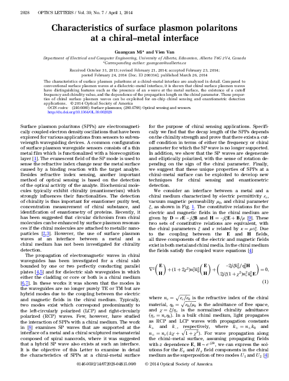 (PDF) Characteristics of surface plasmon polaritons at a chiral–metal ...