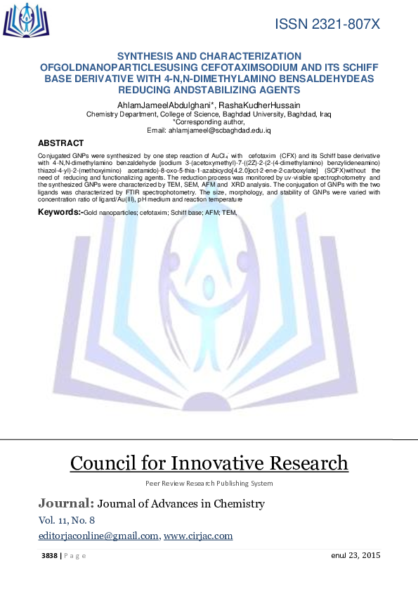 (PDF) Synthesis and Characterization Ofgoldnanoparticlesusing Cefotaximsodium and Its Schiff ...