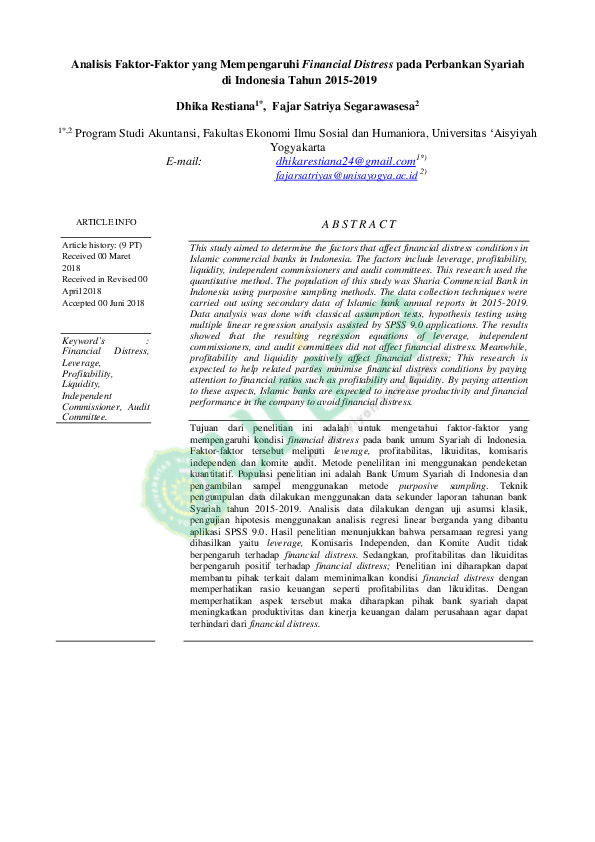 (PDF) Analisis Faktor-Faktor Yang Mempengaruhi Financial Distress pada Perbankan Syariah Di ...