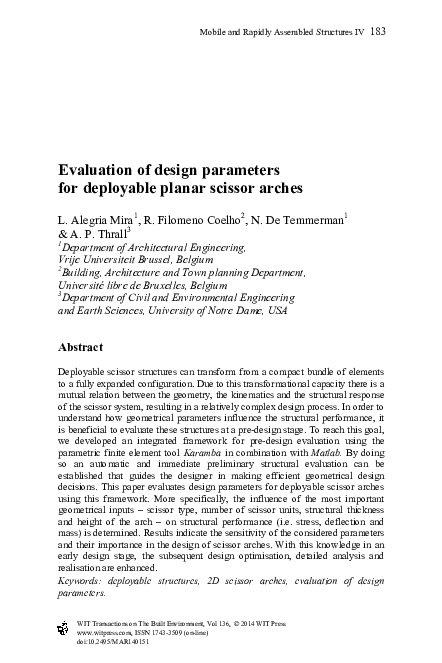 Pdf Evaluation Of Design Parameters For Deployable Planar Scissor Arches