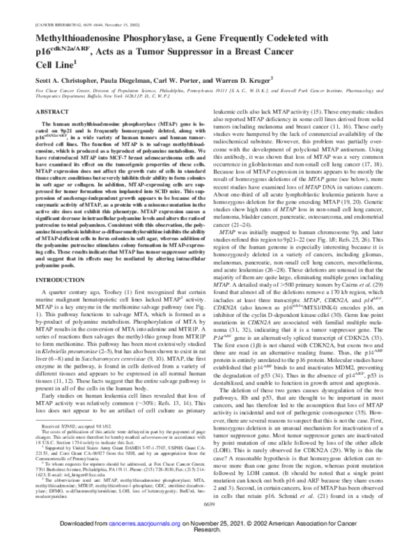 (PDF) Methylthioadenosine phosphorylase, a gene frequently codeleted ...