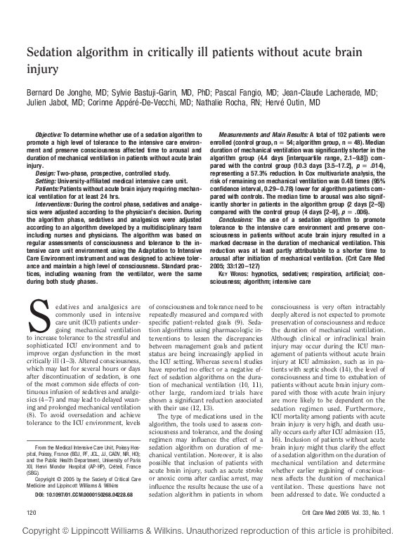 (PDF) Sedation algorithm in critically ill patients without acute brain ...