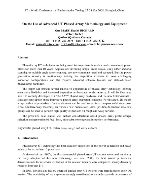 (PDF) On the Use of Advanced UT Phased Array Methodology and Equipment