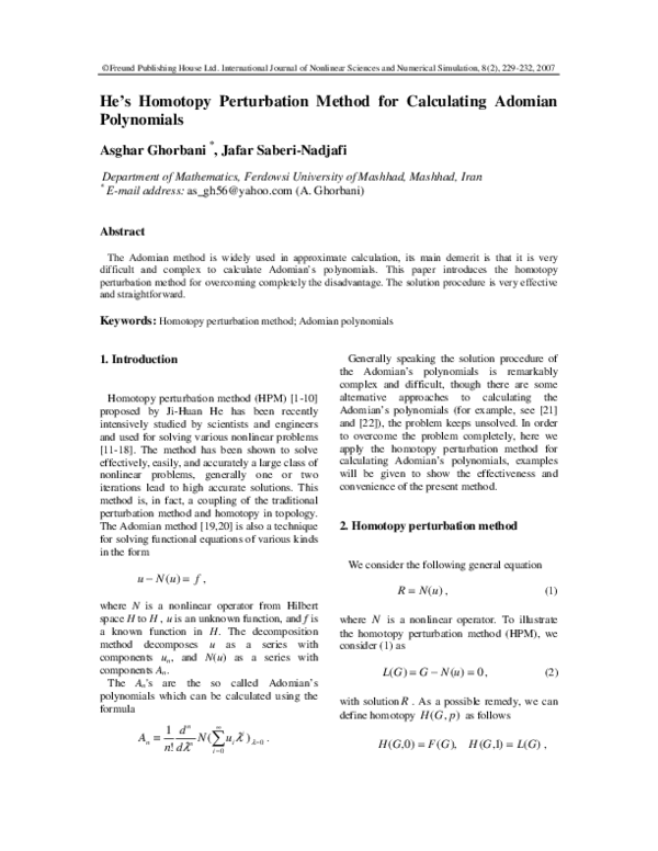 Pdf Hes Homotopy Perturbation Method For Calculating Adomian Polynomials