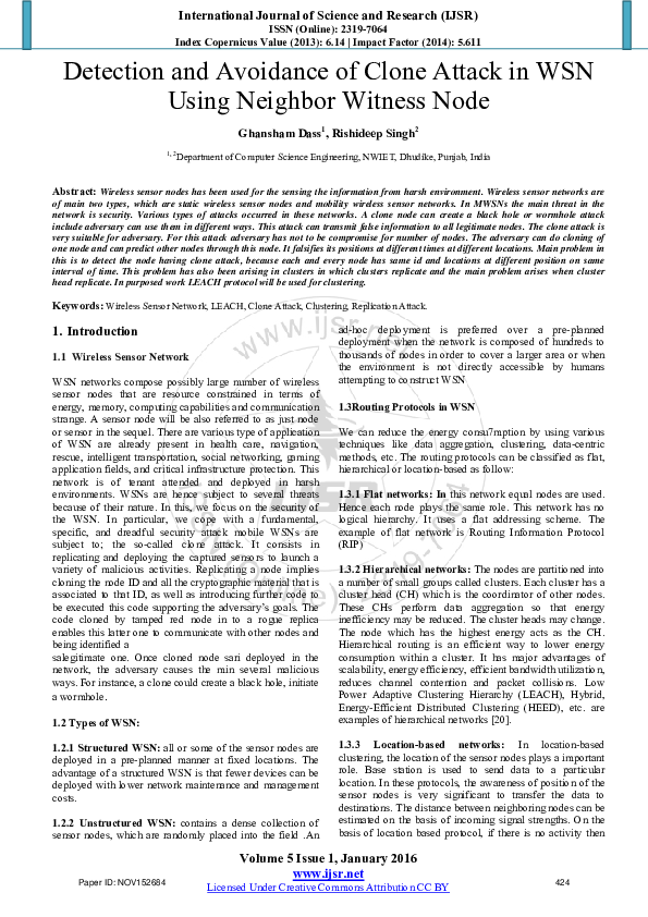 Pdf Detection And Avoidance Of Clone Attack In Wsn Using Neighbor